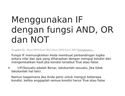 Menggunakan IF Dengan Fungsi AND Menggunakan IF Dengan Fungsi AND OR Dan NOT Terapkan Ke
