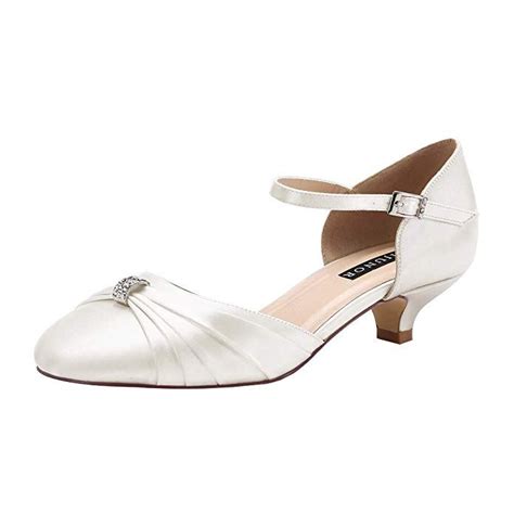 Erijunor Women Comfort Low Kitten Heel Buckle Ankle Strap Satin Bridal