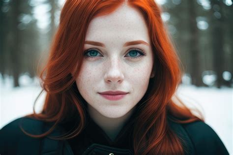 Premium Ai Image A Woman With Red Hair And Blue Eyes Looks Into The Camera
