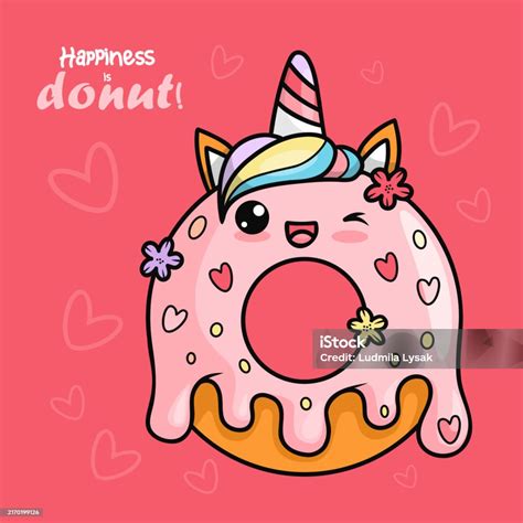떨어지는 유약을 가진 재미 있고 귀여운 달콤한 도넛 유니콘 분홍색 배경에 맛있는 패스트리 만화 Kawaii 캐릭터와 축제 카드 벡터 일러스트 레이 션 키즈 컬렉션 가공의