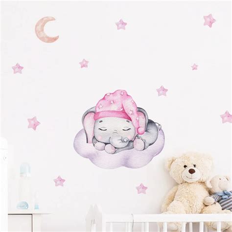 Badu Bg Акварел Розов слон Облак Стикери за стена за детска стая Декорация на бебешка детска