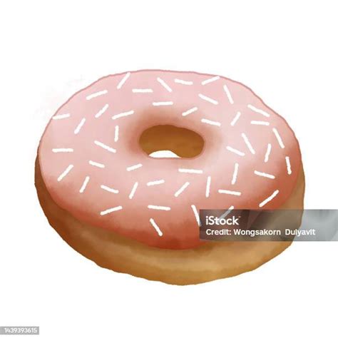 분홍색 딸기 맛 도넛은 만화 수채화 스타일의 클리핑 경로가 있는 흰색 배경에 격리된 착빙 토핑입니다 장식 된 흰색 스프링클이있는