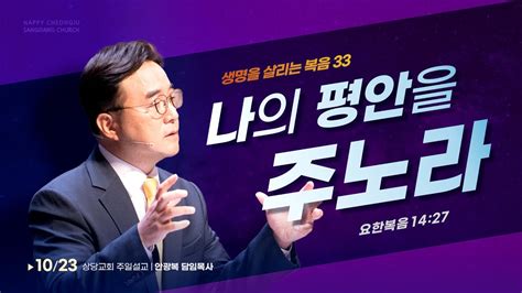 생명을 살리는 복음 33 나의 평안을 주노라 요한복음 14 27 ㅣ안광복 담임목사ㅣ상당교회 주일설교 221023 Youtube