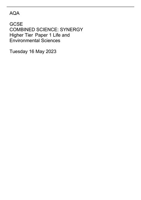 Aqa Gcse Combined Science Synergy Higher Tier Paper 1 Life And