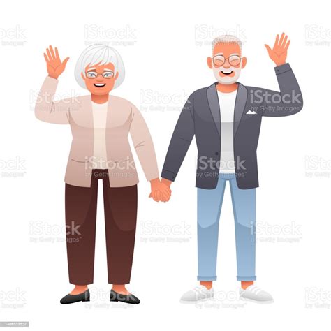 나이 든 여자와 한 남자가 손을 잡고 있다 친절하고 강한 가족 행복한 연금 수급자 아름답고 웃는 사회의 세포 가족에 대한 스톡