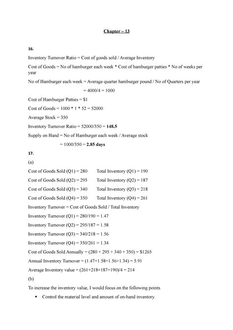 chapter 13 objective assignment chapter 13 inventory turnover