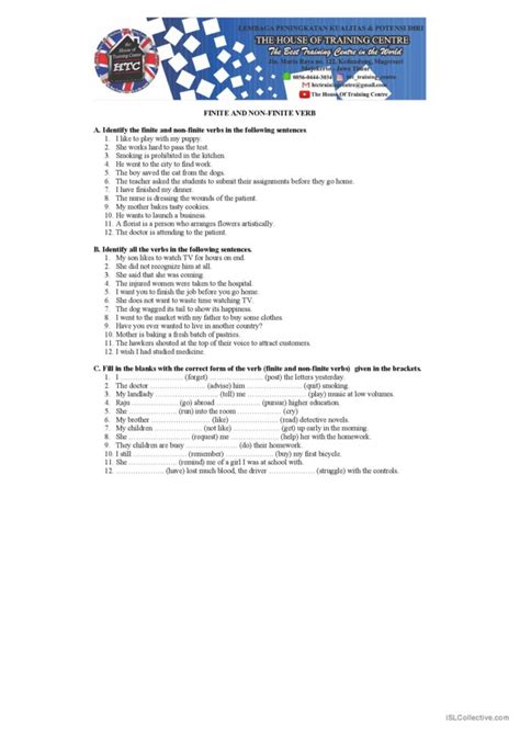 Finite And Non Finite Verbs General English Esl Worksheets Pdf And Doc