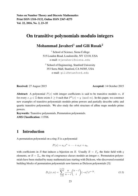Pdf On Transitive Polynomials Modulo Integers