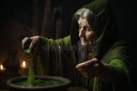 Old Witch Brews A Green Gurgling Magic Potion In Large Cauldron Secret