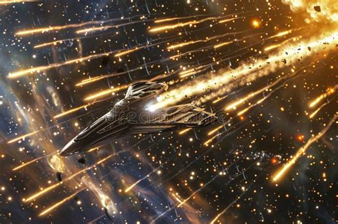 Futuristic Spaceship Soaring Through A Cosmic Asteroid Field Dodging Fiery Trails And Explosions