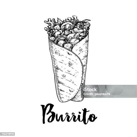 손으로 그린 스케치 스타일 부리토 랩 전통적인 멕시코 요리 그림입니다 패스트 푸드 길거리 음식 그림입니다 레스토랑 메뉴 및