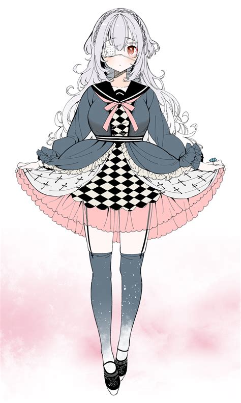 Safebooru 1girl Brown Eyes Dress Dress Lift Eyepatch Full Body Garter