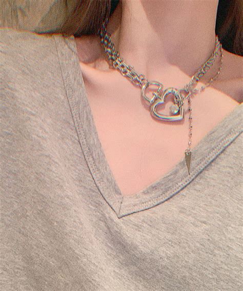 하트체인목걸이유니크 하트 초커 체인 목걸이 유니크 실버 코프코어룩