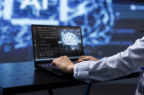 Close Up Of Worker Using Artificial Intelligence On Notebook Stock