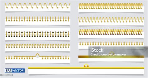 사실적인 나선형 종이 시트 또는 달력 나선형 와이어 또는 메모장 바인더 스틸 링 또는 금속 바인더 노트북 세트 Eps 벡터 금색에 대한 스톡 벡터 아트 및 기타 이미지