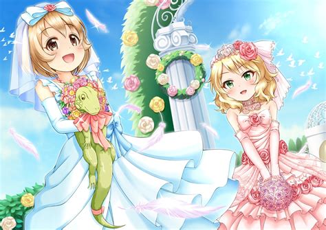 2girls Animal Blonde Hair Bow Brown Eyes Brown Hair Clouds Dress Elbow