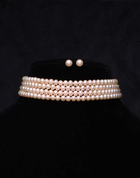 Beautiful 4 Line Freshwater Pink Pearl Choker Necklace Set Mangatrai