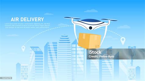 드론 배달 개념 비접촉식 제품 제공 케이터링 서비스 항공 배송 현대 기술 착륙 배너 헤더 또는 웹 디자인에 적합합니다 플랫 벡터 일러스트레이션 가정 생활에 대한 스톡 벡터