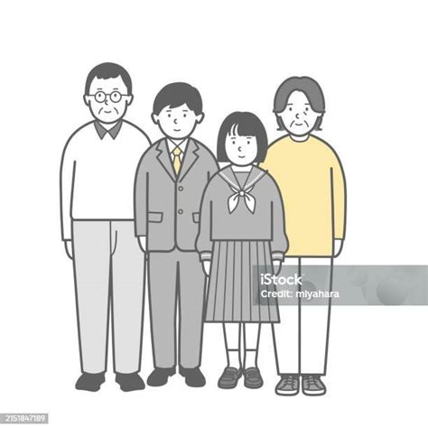 학부모와 학생을 포함한 4인 가족의 전신 일러스트 1 40 49세에 대한 스톡 벡터 아트 및 기타 이미지 40 49세 50