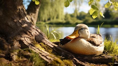 Duck Laying Down On Under Tree Image Generative Ai Premium Ai