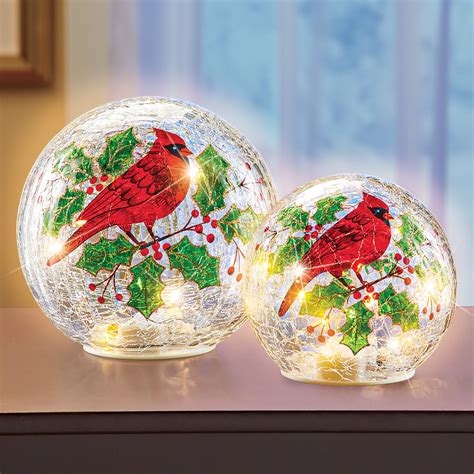 Led Lighted Holly And Cardinal Crackled Glass Ball Collections Etc