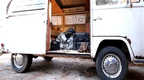 Damara Hanging Out By The Vw Bus In Long Leather Coat And Tall Boots Mp4