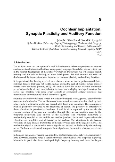 Pdf 9 Cochlear Implantation Synaptic Plasticity And Auditory Function