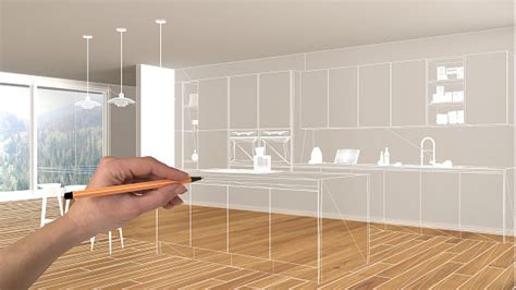 화이트 인테리어 나무 마루 바닥 및 큰 파노라마 창 빈 손 그림 사용자 지정 아키텍처 디자인 흰색 잉크 스케치 청사진을 보여주는 현대 부엌 0명에 대한 스톡 사진 및 기타