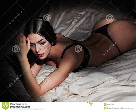 Very Brunette Woman Posing In Black Lingerie In Bed Hot Woman With