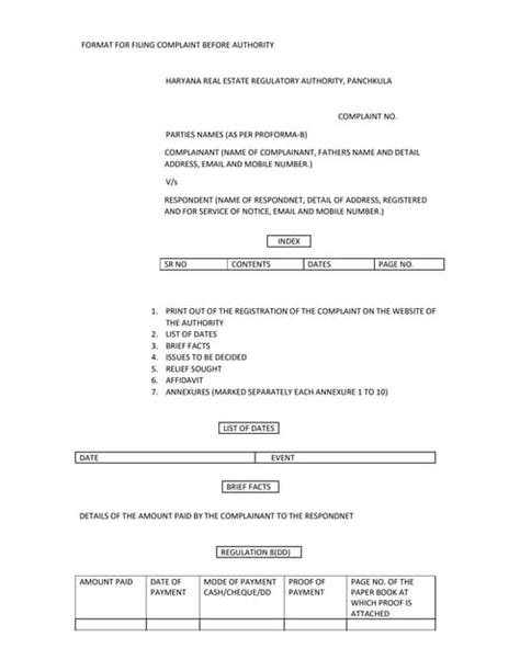 Rera Panchkula Haryana Complaint Format Pdf