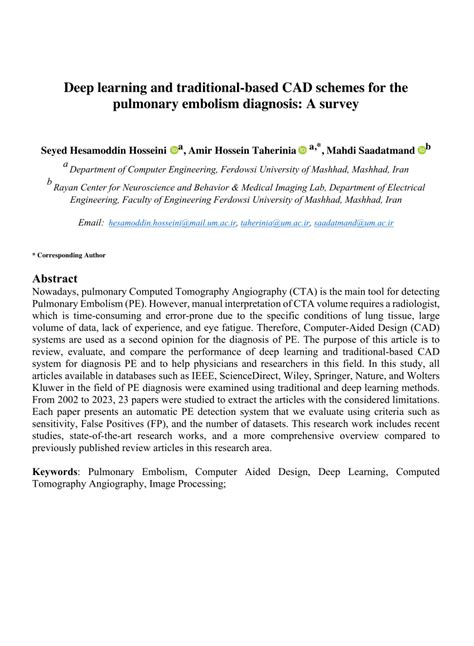 Pdf Deep Learning And Traditional Based Cad Schemes For The Pulmonary Embolism Diagnosis A Survey