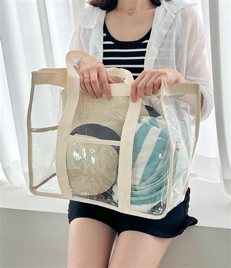 큐티빌 빠른출고 재고확보 화이트 라인 투명 비치백 물놀이 Pvc 바캉스 가방 썸머백