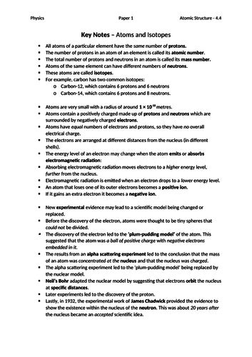 Physics Atomic Structure 4 4 Key Notes Aqa Gcse Teaching Resources