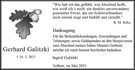 Traueranzeigen Von Gerhard Galitzki Trauer In Nrw De