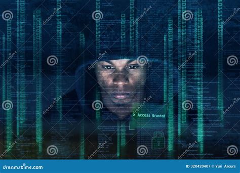 Night Hacker And Black Man With Coding For Cybersecurity Firewall Breach Or Programming