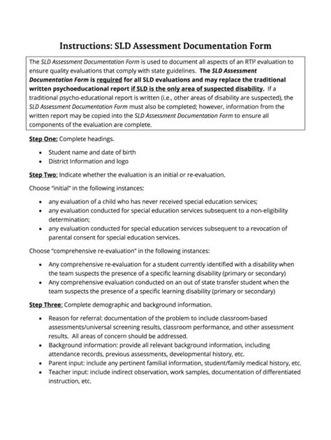 Instructions Sld Assessment Documentation Form Fill Online For Psychoeducational Report Template