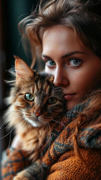 Premium Photo A Woman Holding A Cat In Her Arms