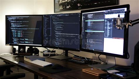 Software Developer S Workstation With Monitors Displaying Code And Data