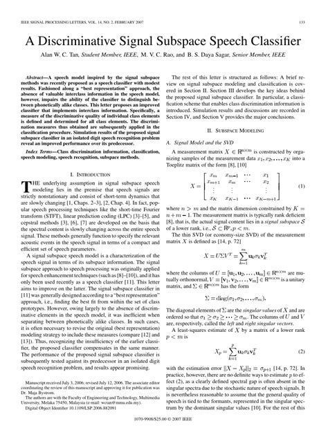 Pdf A Discriminative Signal Subspace Speech Classifier