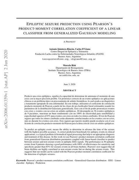 Pdf Epileptic Seizure Prediction Using Pearsons Product Moment Correlation Coefficient Of A