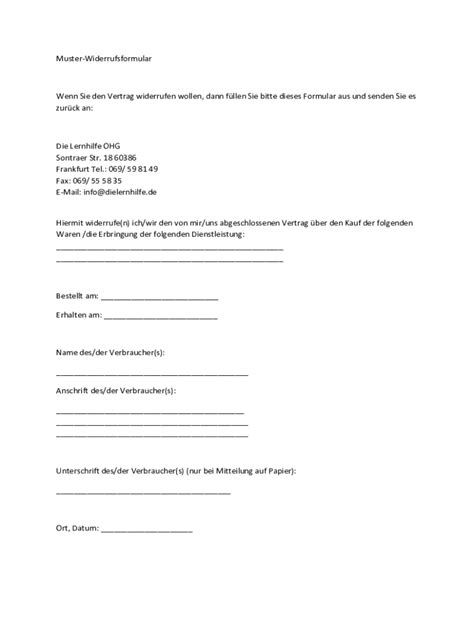Fillable Online Muster Widerrufsformular Sontraer Str 18 60386 Fax
