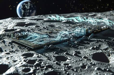 Graphic Of 3d Model Of Data Streams Flowing On An Electronic Mainboard Set On The Lunar Surface