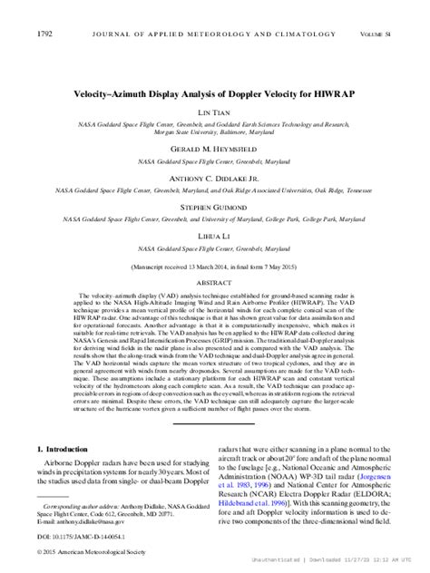 Pdf Velocityazimuth Display Analysis Of Doppler Velocity For Hiwrap