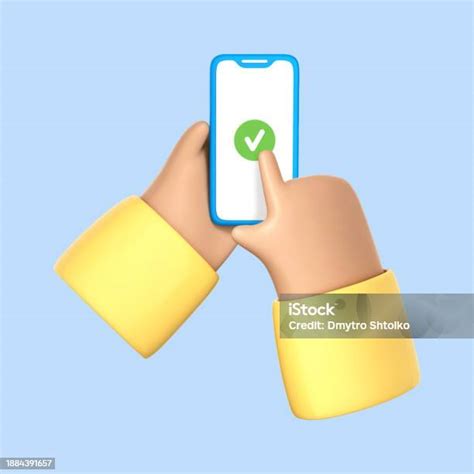 녹색 체크 표시가 있는 스마트폰을 들고 있는 3d 만화 손 스마트폰 화면의 체크 표시 파란색 배경에 고립된 손가락 터치