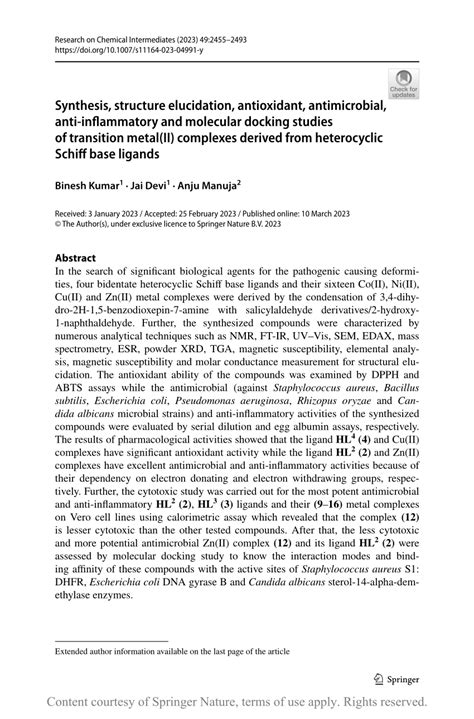 Synthesis Structure Elucidation Antioxidant Antimicrobial Anti Inflammatory And Molecular