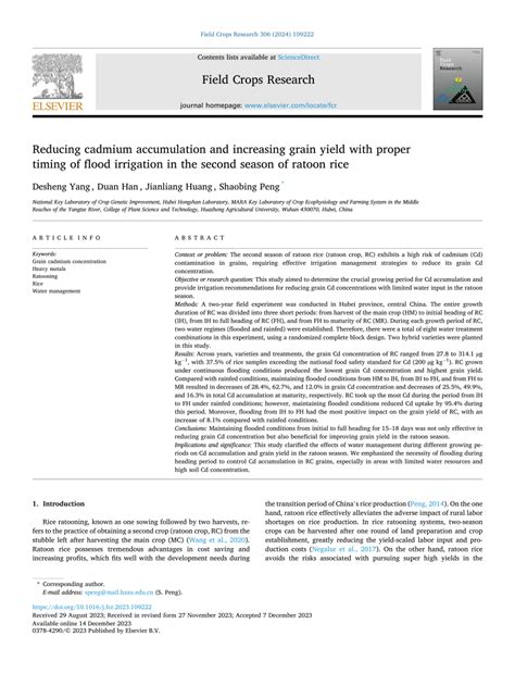 Pdf Reducing Cadmium Accumulation And Increasing Grain Yield With Proper Timing Of Flood