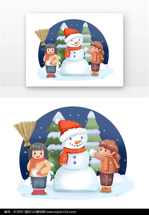 夜晚植物扫把下雪雪地里两个女孩堆雪人元素图片114