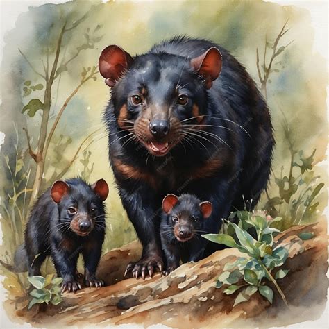 Premium Photo Watercolor Tasmanian Devil With Cubs