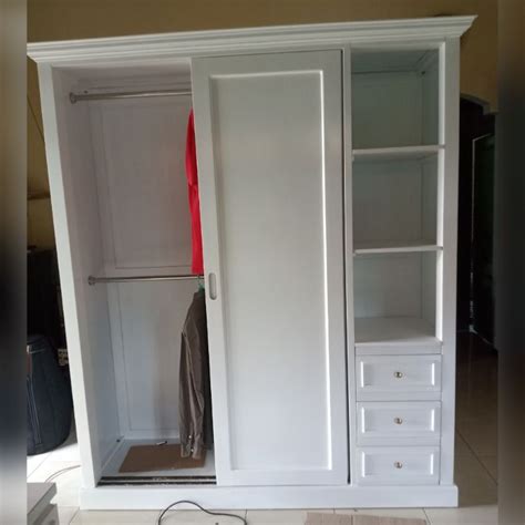 Jual Lemari Minimalis Sliding 2 Pintu Kayu Solid Cat Duco Putih Model By Custom Lebar 180 Cm