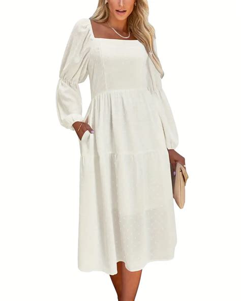 Solid Lantern Sleeve Dress Casual Ruched Midi Dress Pockets Temu